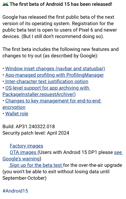 Android 15 Beta 1 來了( V.1.2 更新 主要解決某些情形耗電與設定當掉問題) - Mobile01
